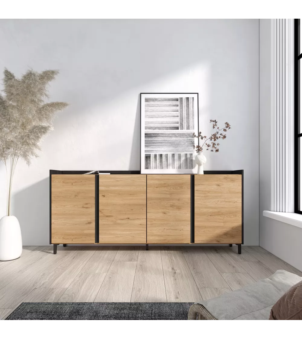 Buffet 4 portes chêne et noir 207x35x91cm