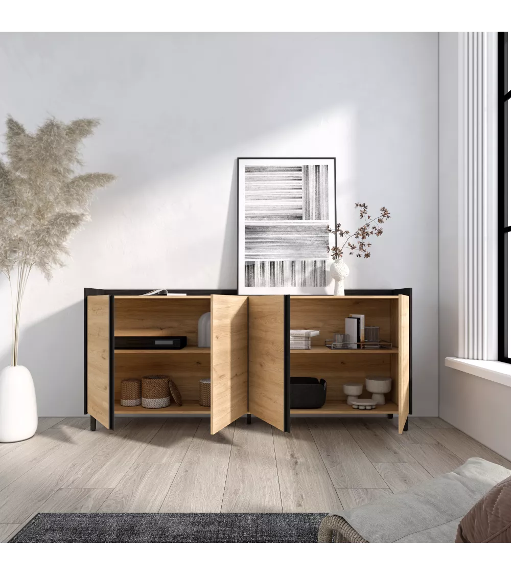 Buffet 4 portes chêne et noir 207x35x91cm